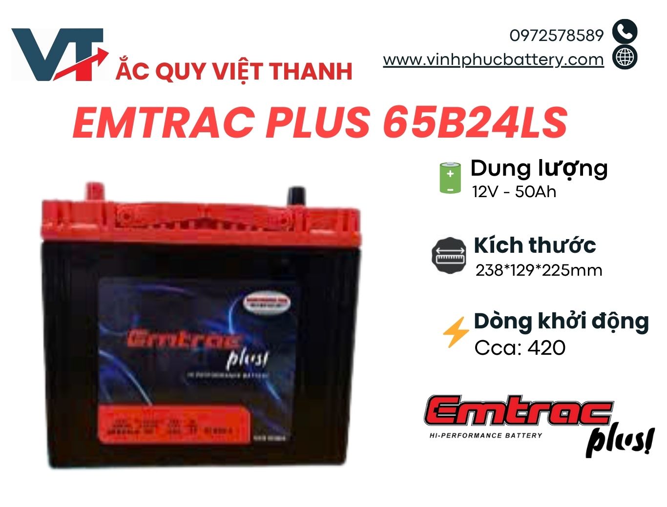 Ắc Quy Emtrac Plus 65B24LS (12V – 50Ah)